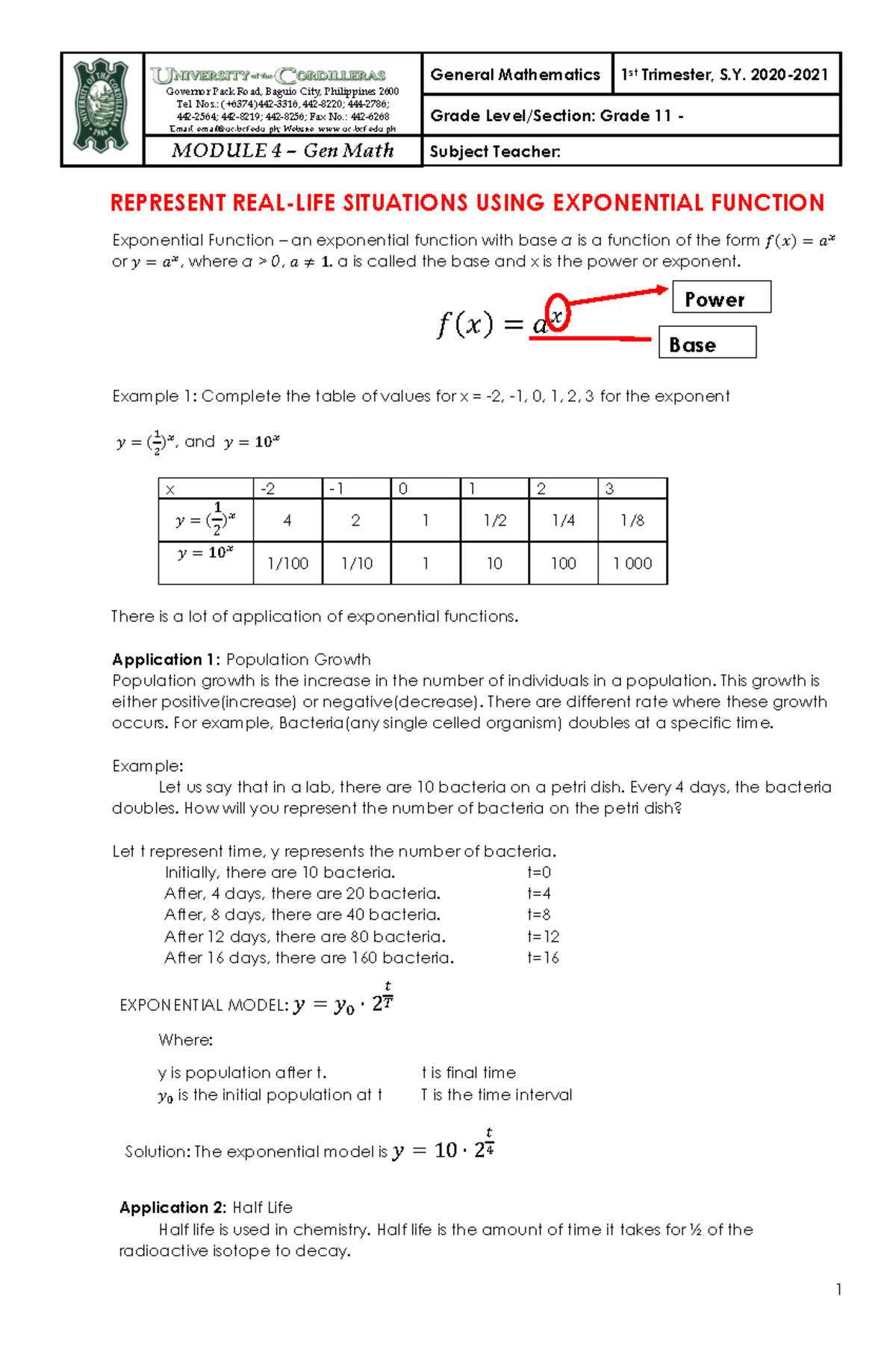 Module 4 a. REAL LIFE Representation OF Exponential Functions ...
