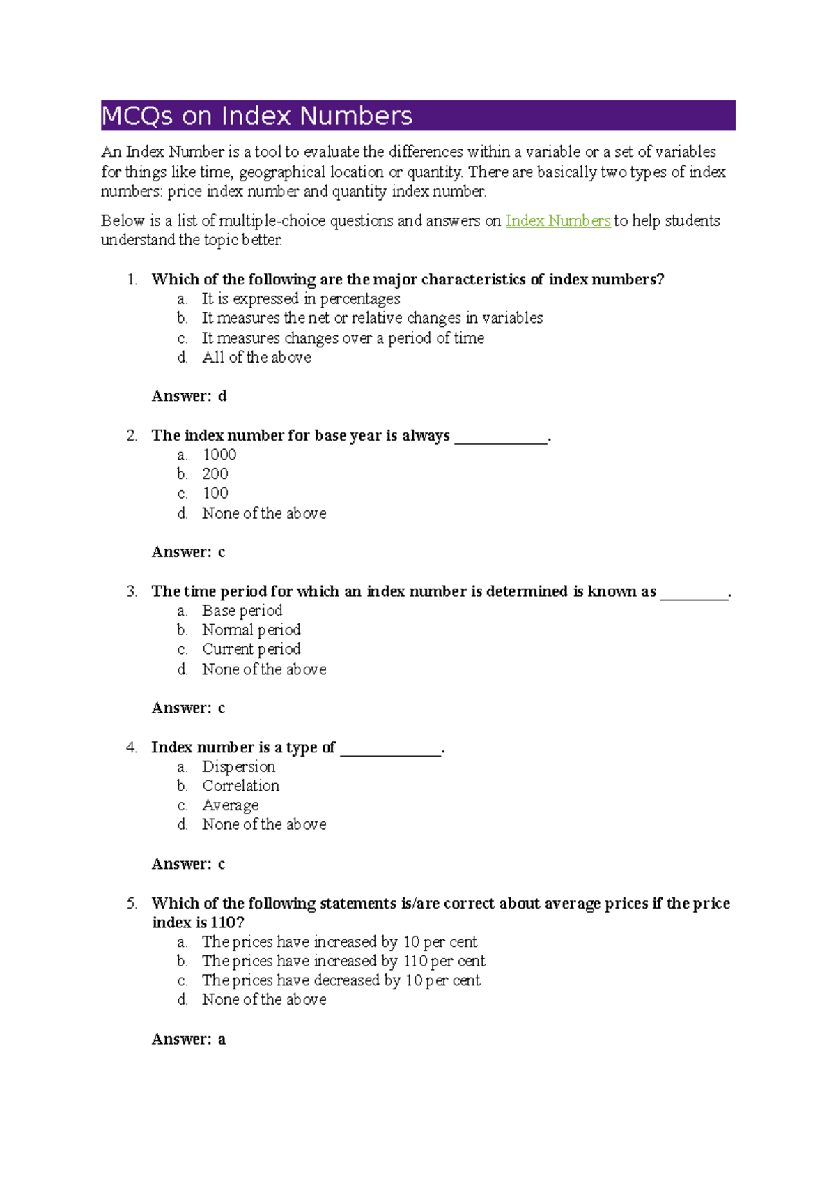 MCQs on Index Numbers - notes - MCQs on Index Numbers An Index Number ...