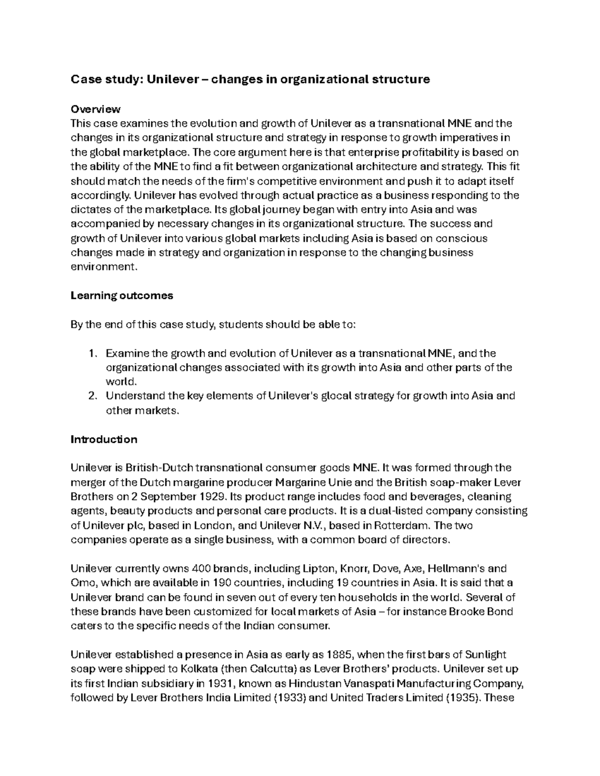 Case study 3 - dadawd - Case study: Unilever – changes in ...