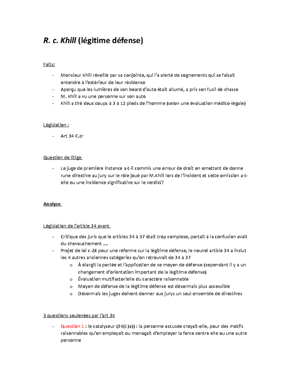 Jugements cours 9 (PERKA et KHILL) - R. c. Khill (légitime défense ...