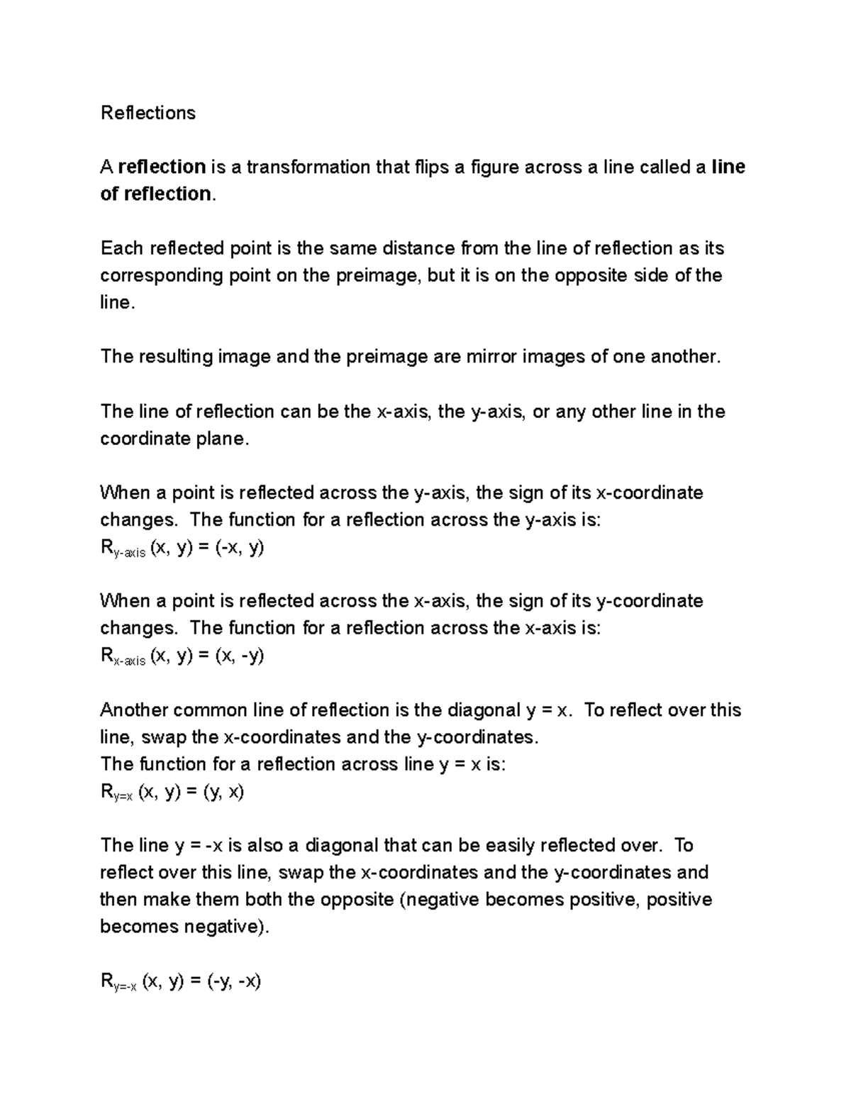 Reflections Notes - Reflections A reflection is a transformation that ...