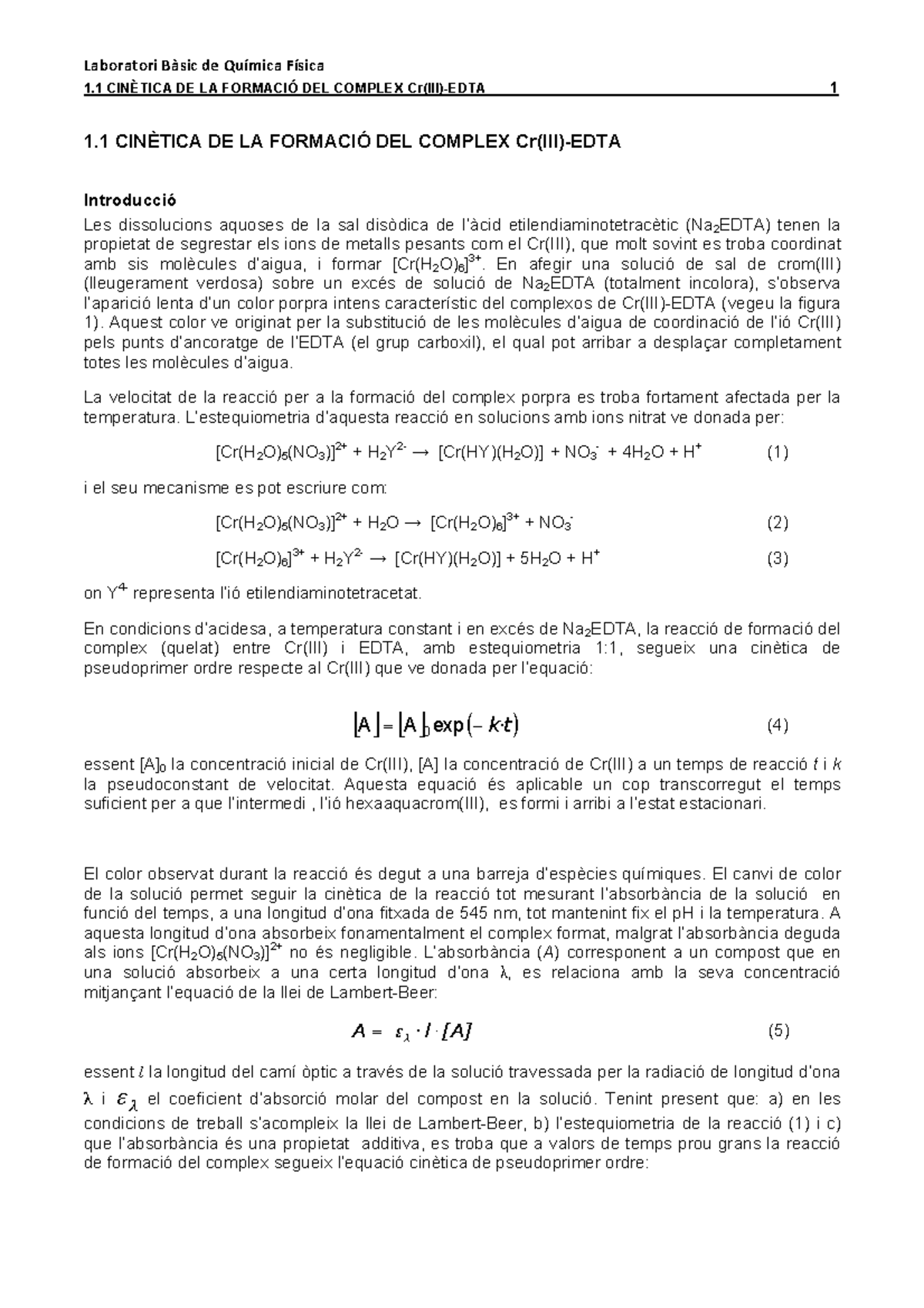 1.1 Cinètica DE LA Formació DEL Complex Cr(III)-EDTA - 1 CINÈTICA DE LA ...