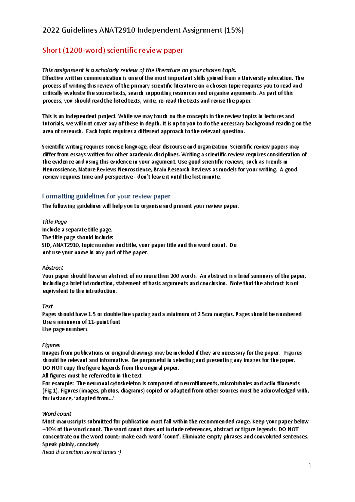 ANAT2910 Scientific Review Assessment guidelines 2022 - Short (1200 ...