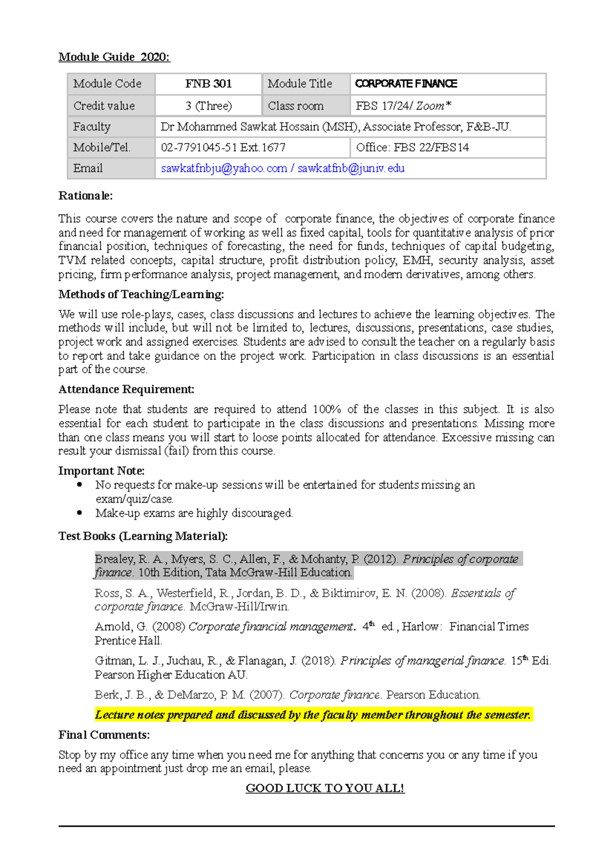 Corporate Finance Guide-2020 - Module Guide 2020: Module Code FNB 301 ...