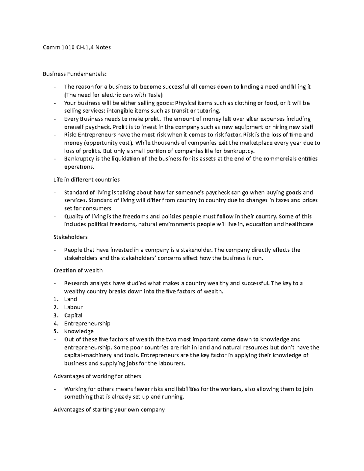 Comm 1010 CH 1,4 notes - Comm 1010 CH,4 Notes Business Fundamentals ...