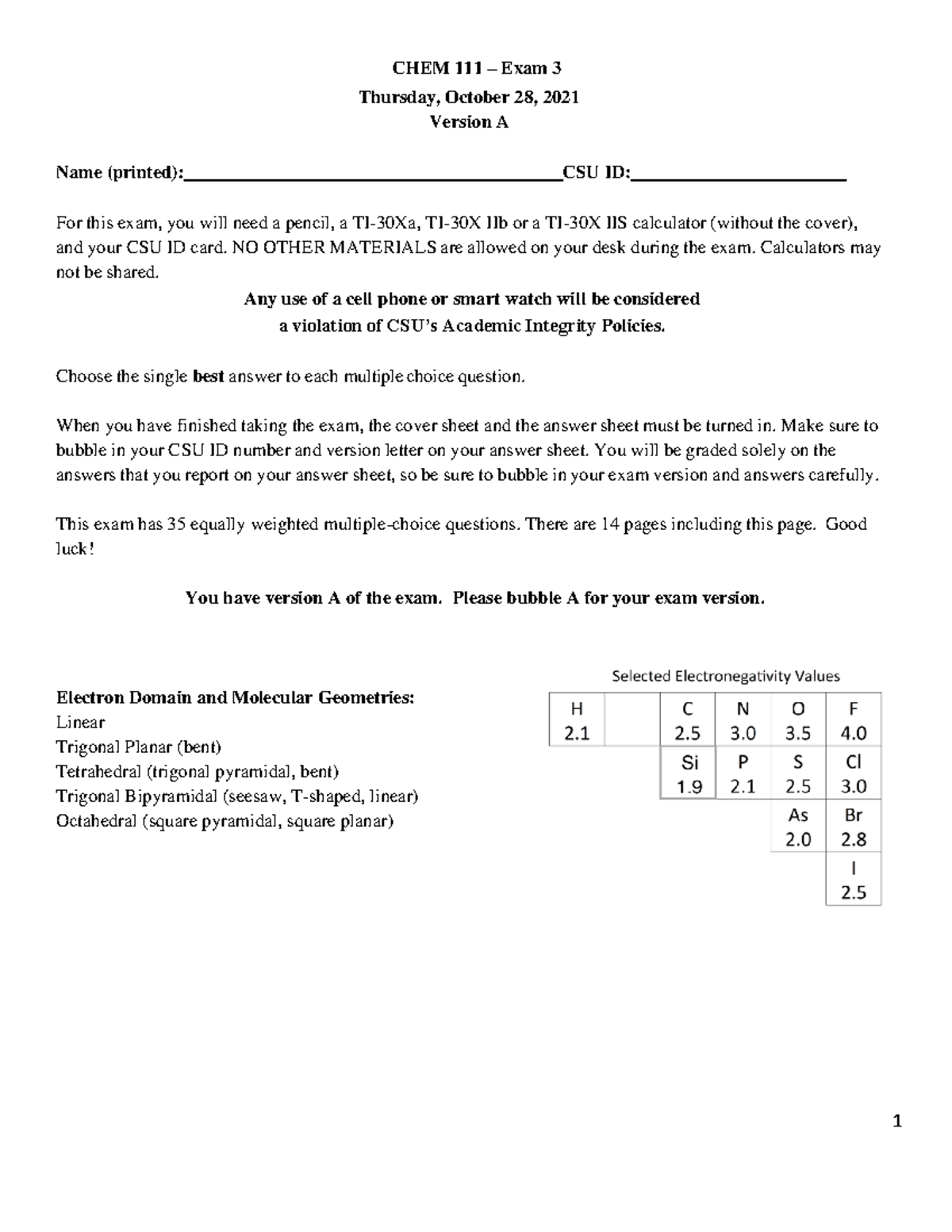 Exam 3 F2021 KEY - review - CHEM 111 – Exam 3 Thursday, October 28 ...
