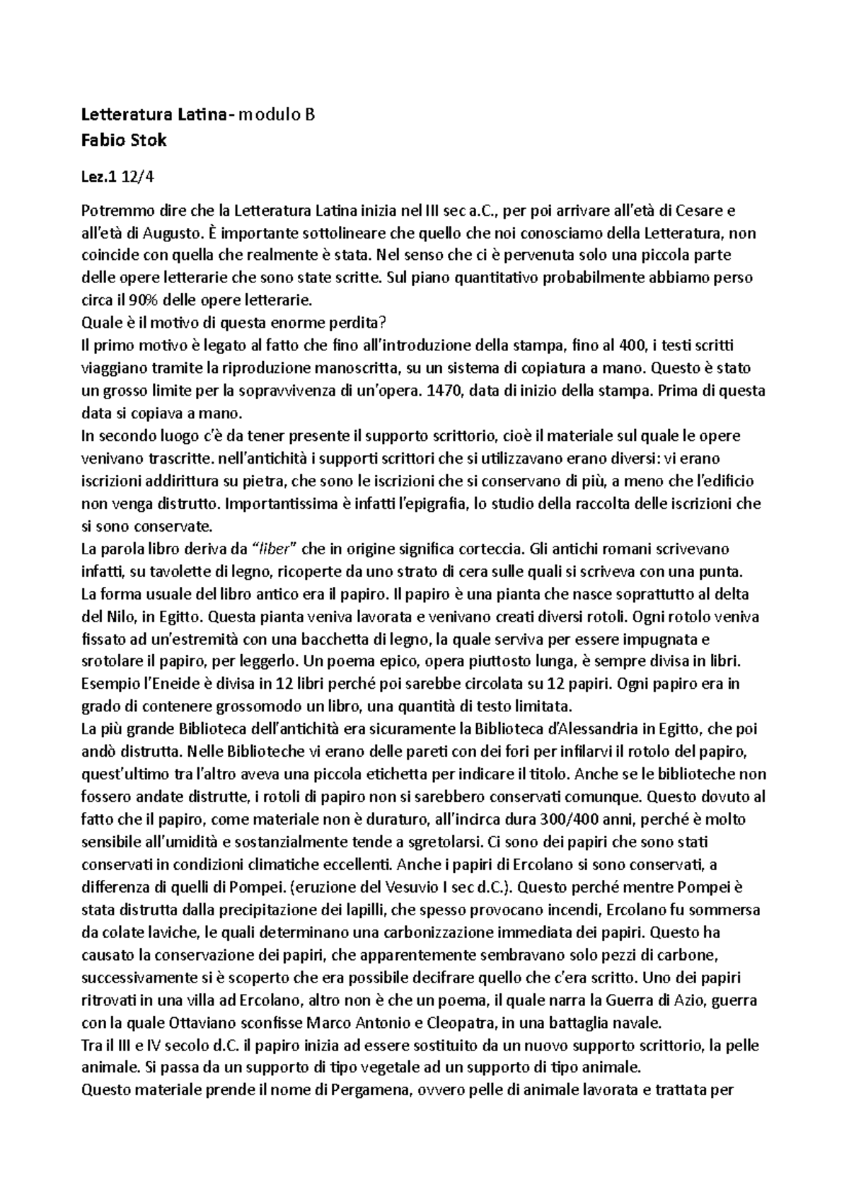 Appunti Letteratura latina, Stok - Letteratura Latina- modulo B Fabio ...