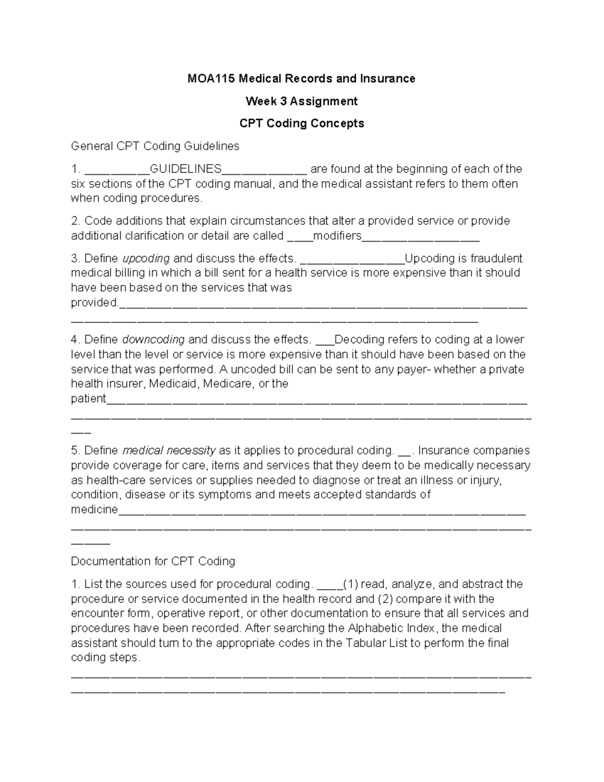 Week 3 Assignment Worksheet - MOA115 Medical Records and Insurance Week 3 Assignment CPT Coding ...