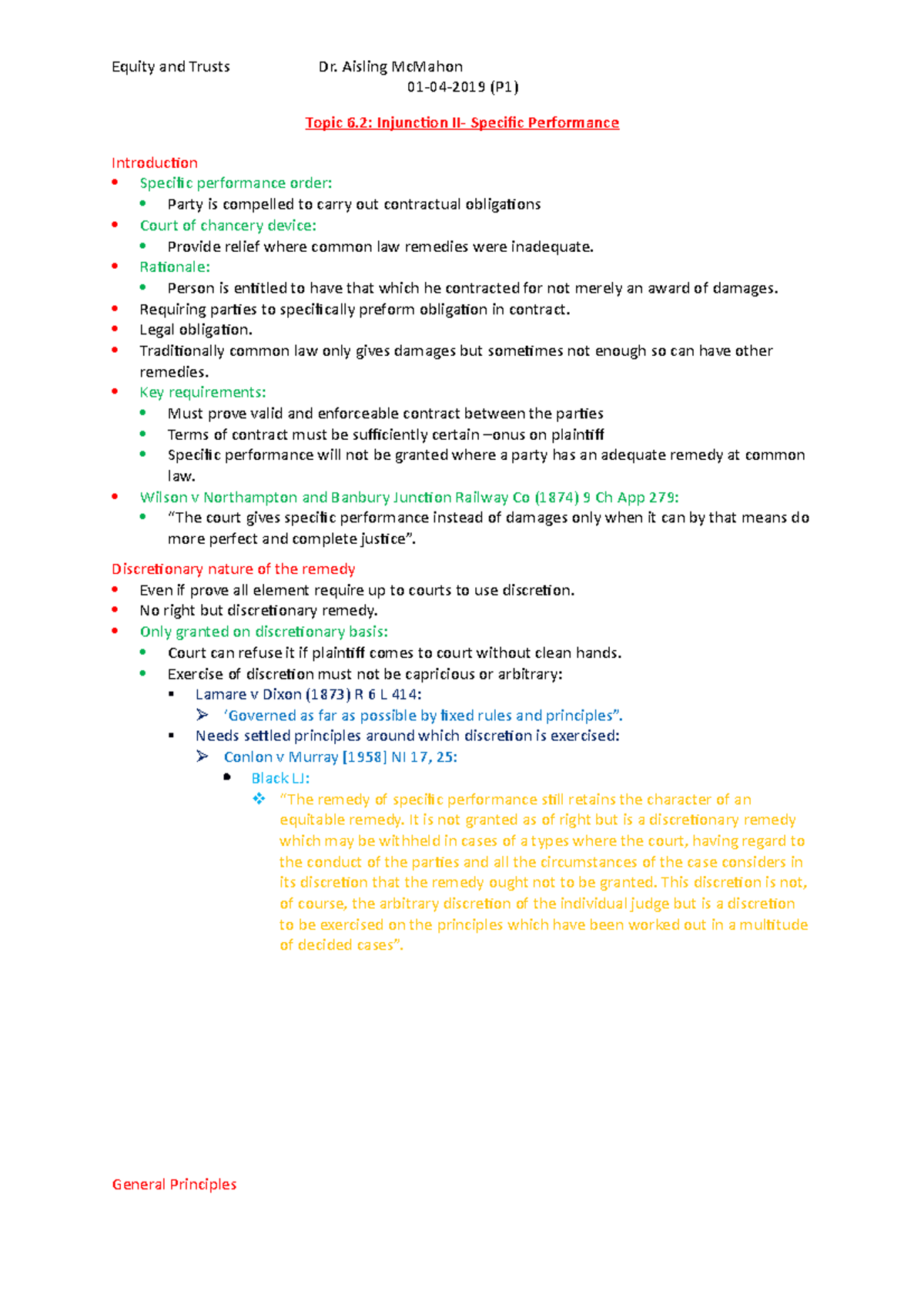 Lecture 15 - Injunction II- Specific Performance - 01-04-2019 (P1) Topic 6: Injunction II ...