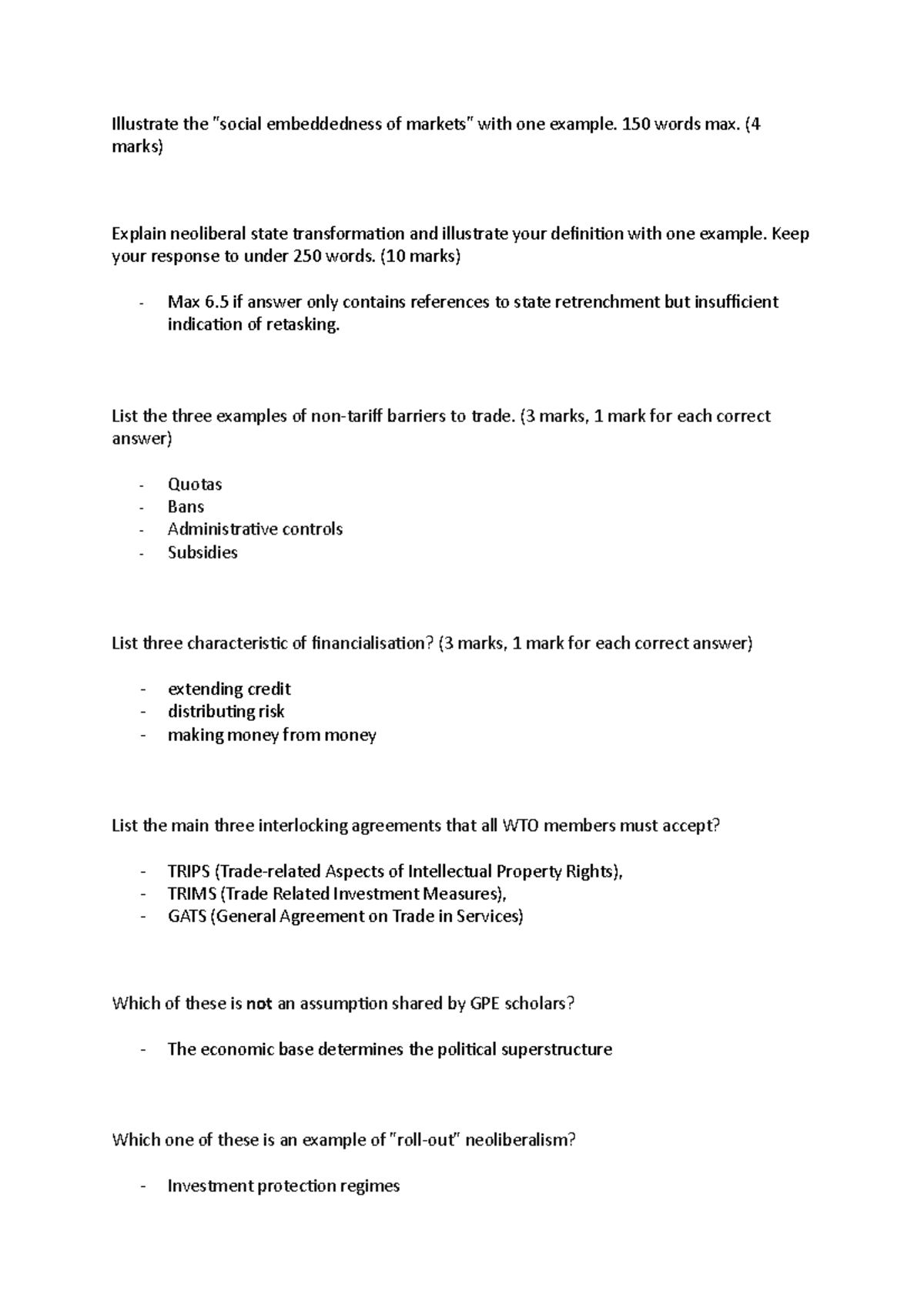 POLS2220 PRAC TEST - Illustrate the "social embeddedness of markets ...