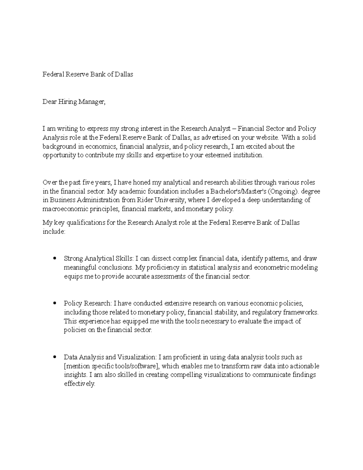 VCU cover letter - Federal Reserve Bank of Dallas Dear Hiring Manager ...