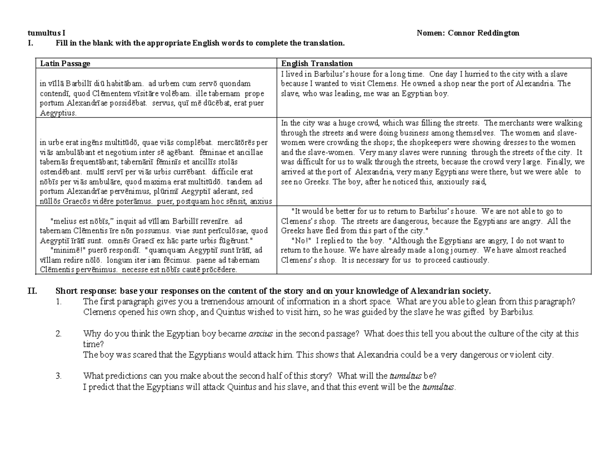 Tumultus I 17 b - Translation and analysis - tumultus I Nomen: Connor ...