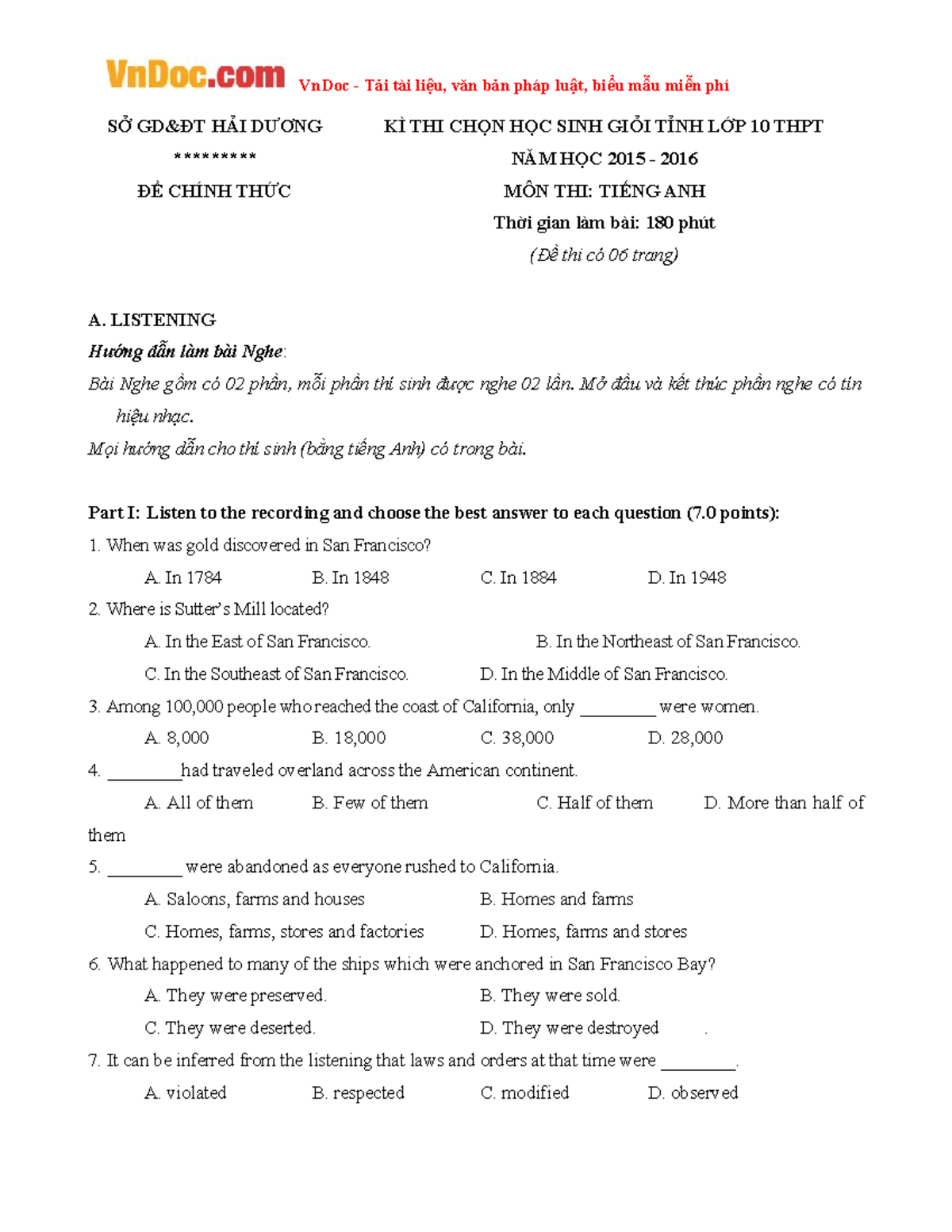 De thi chon hoc sinh gioi cap tinh mon tieng anh lop 10 so gd dt hai duong nam hoc 2015 2016 ...