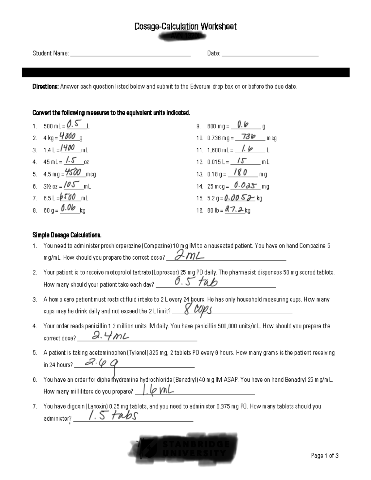 Dosage Calculation Practice Worksheet 2022 Page 1 Of 3 Student Name