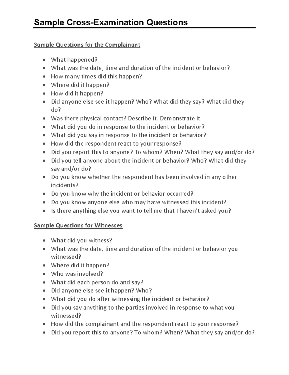 Sample questions to ask - Sample Cross-Examination Questions Sample ...
