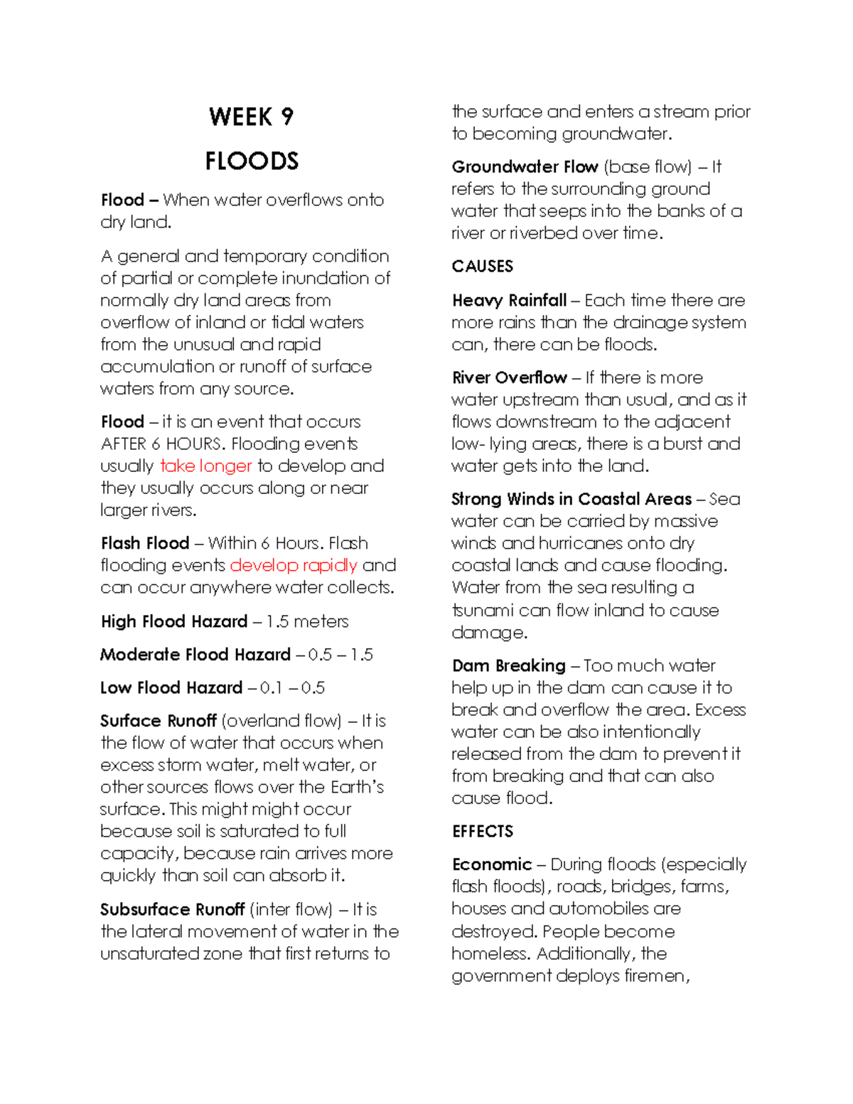 Floods - DRR Exam Materials - WEEK 9 FLOODS Flood – When water ...