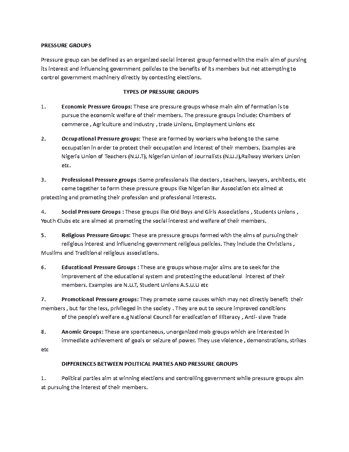 Pressure Groups 101 - PRESSURE GROUPS Pressure group can be defined as ...