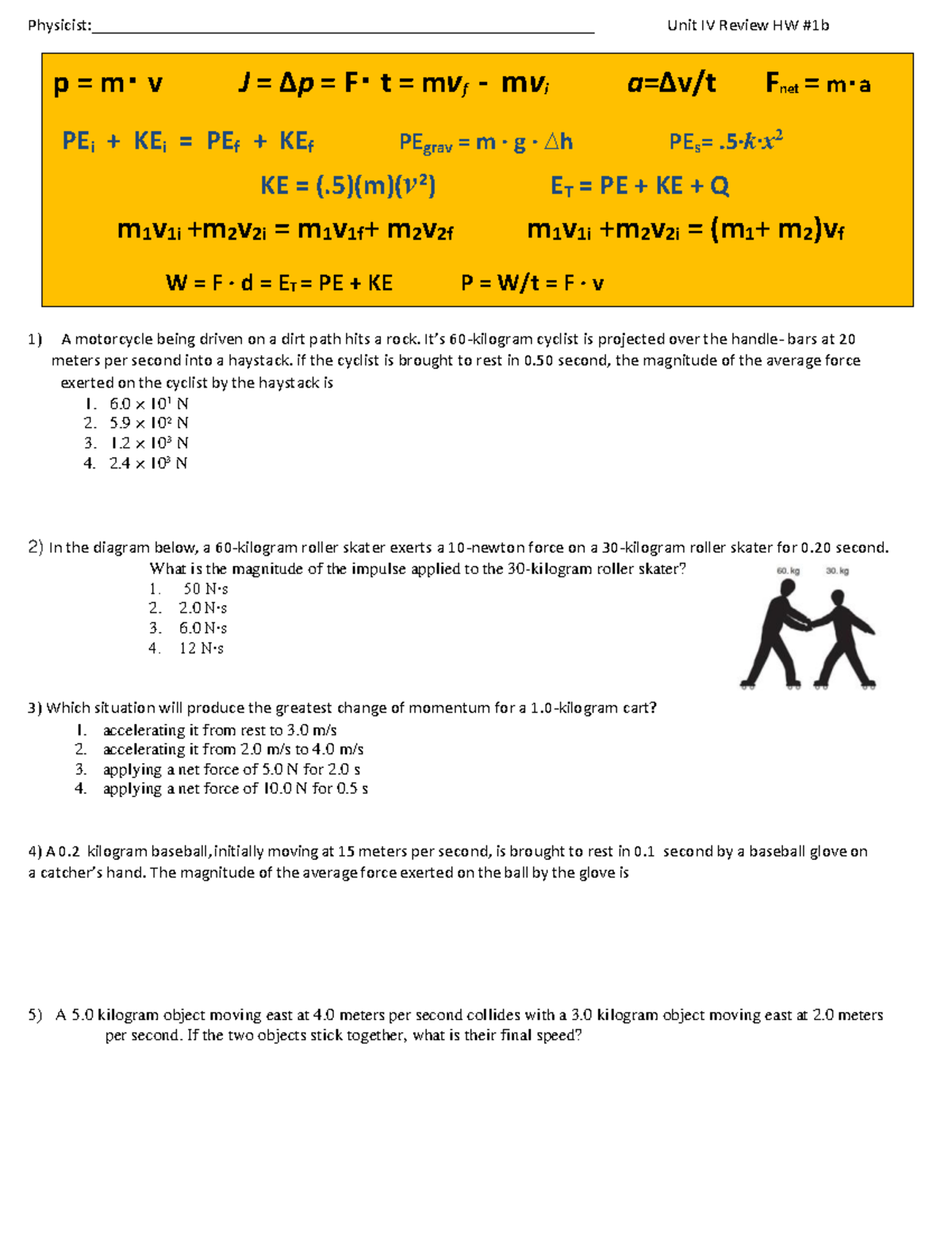 Energy Review Worksheet - AP Physics - - Studocu