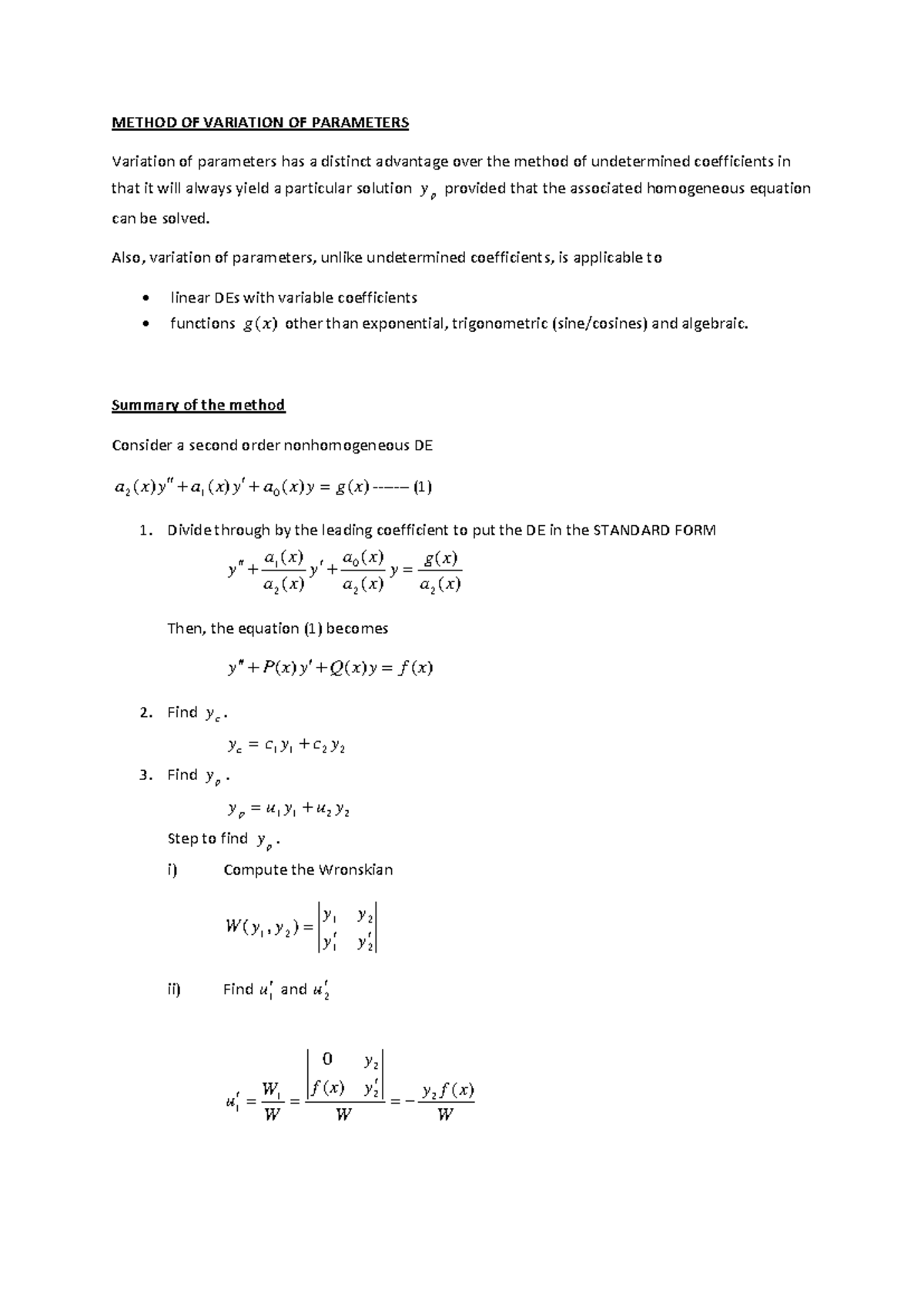 C4 Variation OF Parameters - METHOD OF VARIATION OF PARAMETERS Variation of parameters has a ...