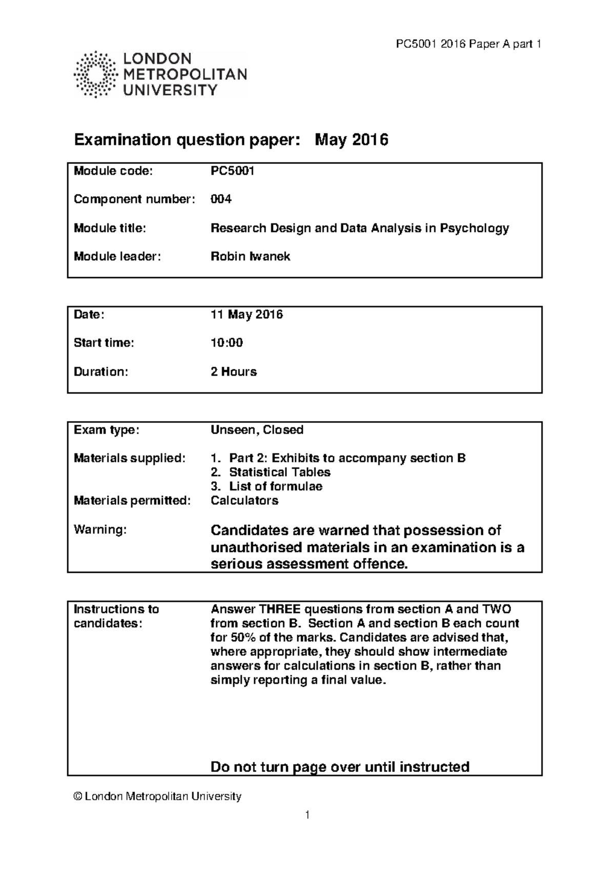 Exam 2015, questions - PC5001 2016 Paper A part 1 Examination question paper: May 2016 Module ...