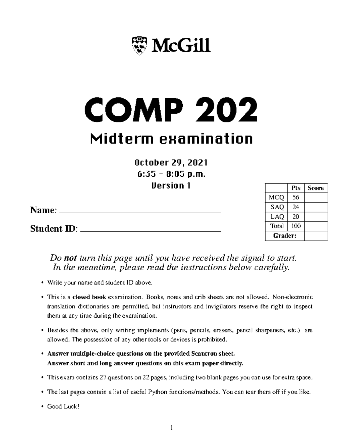COMP202 F2021 Midterm - COMP 202 Midterm examination October 29, 2021 6 ...