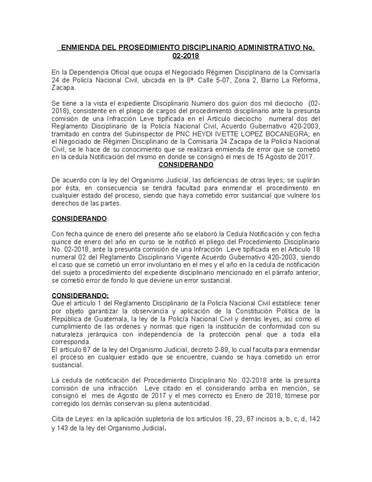 Enmienda - ENMIENDA DEL PROSEDIMIENTO DISCIPLINARIO ADMINISTRATIVO No ...