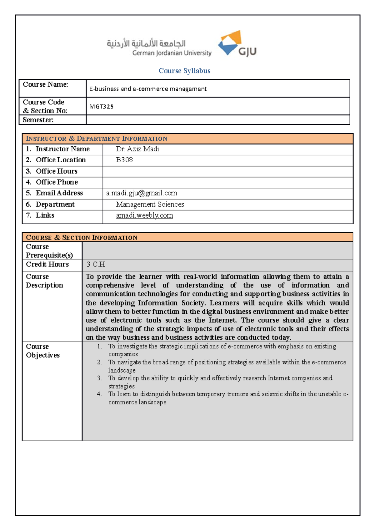 Syllabus E business Course Syllabus Course Name E business And E