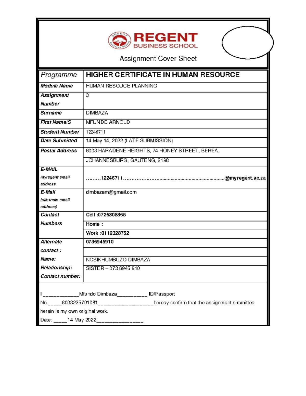 Assignment cover page - Mfundo Dimbaza -12246711 - Assignment Cover ...