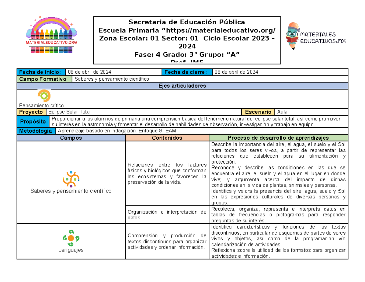 Proyecto Eclipse Solar MEX - Fecha de inicio: 08 de abril de 2024 Fecha ...