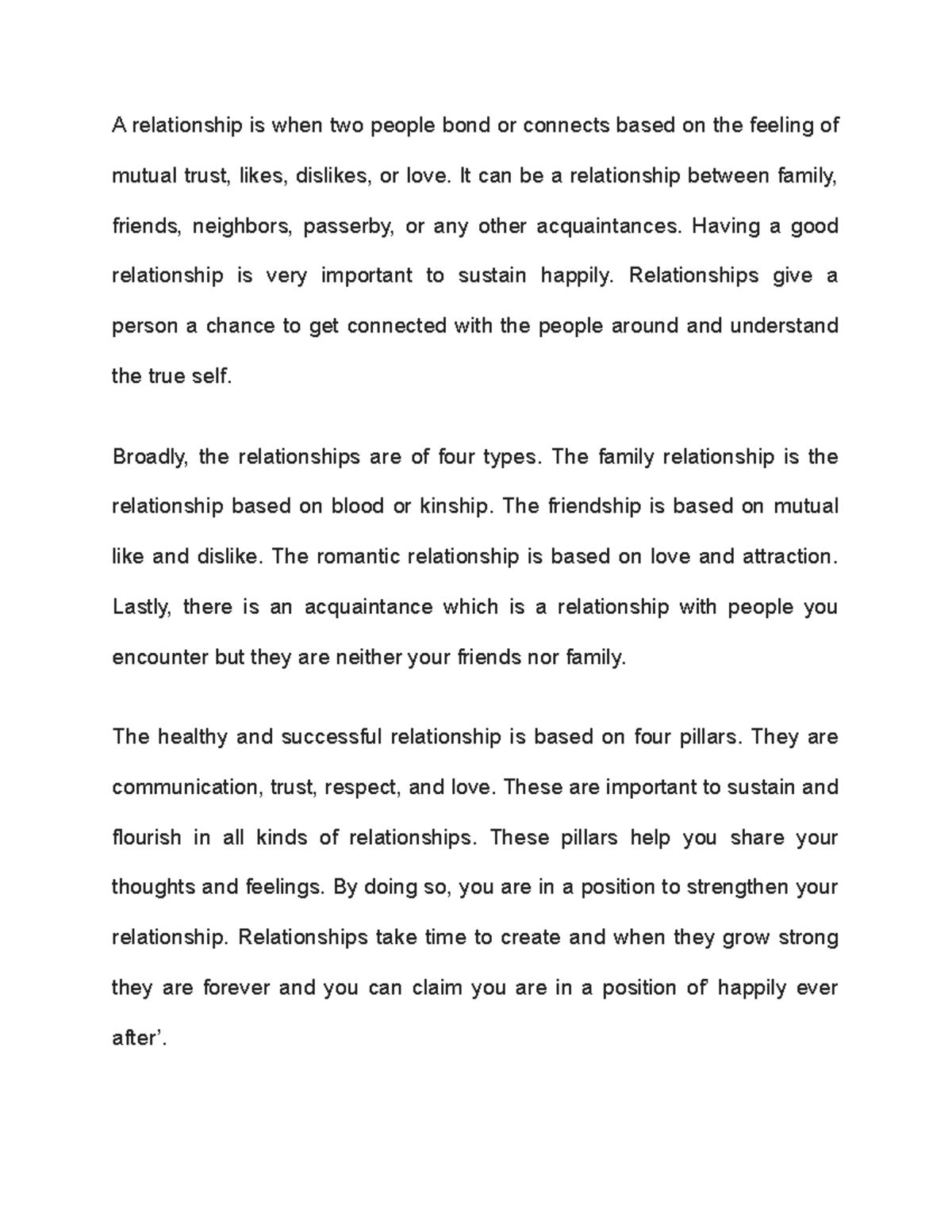 Doc7 - english essay - A relationship is when two people bond or ...