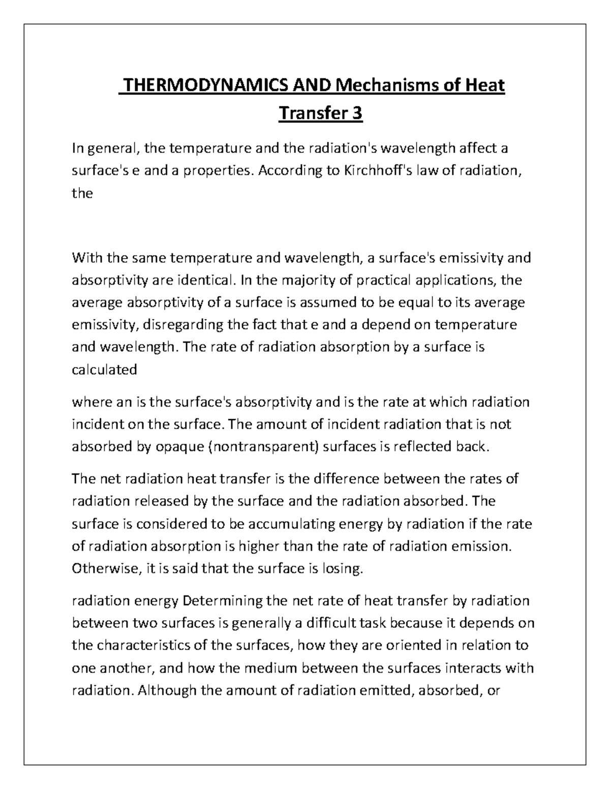 Mechanisms of Heat Transfer 3 - According to Kirchhoff's law of ...