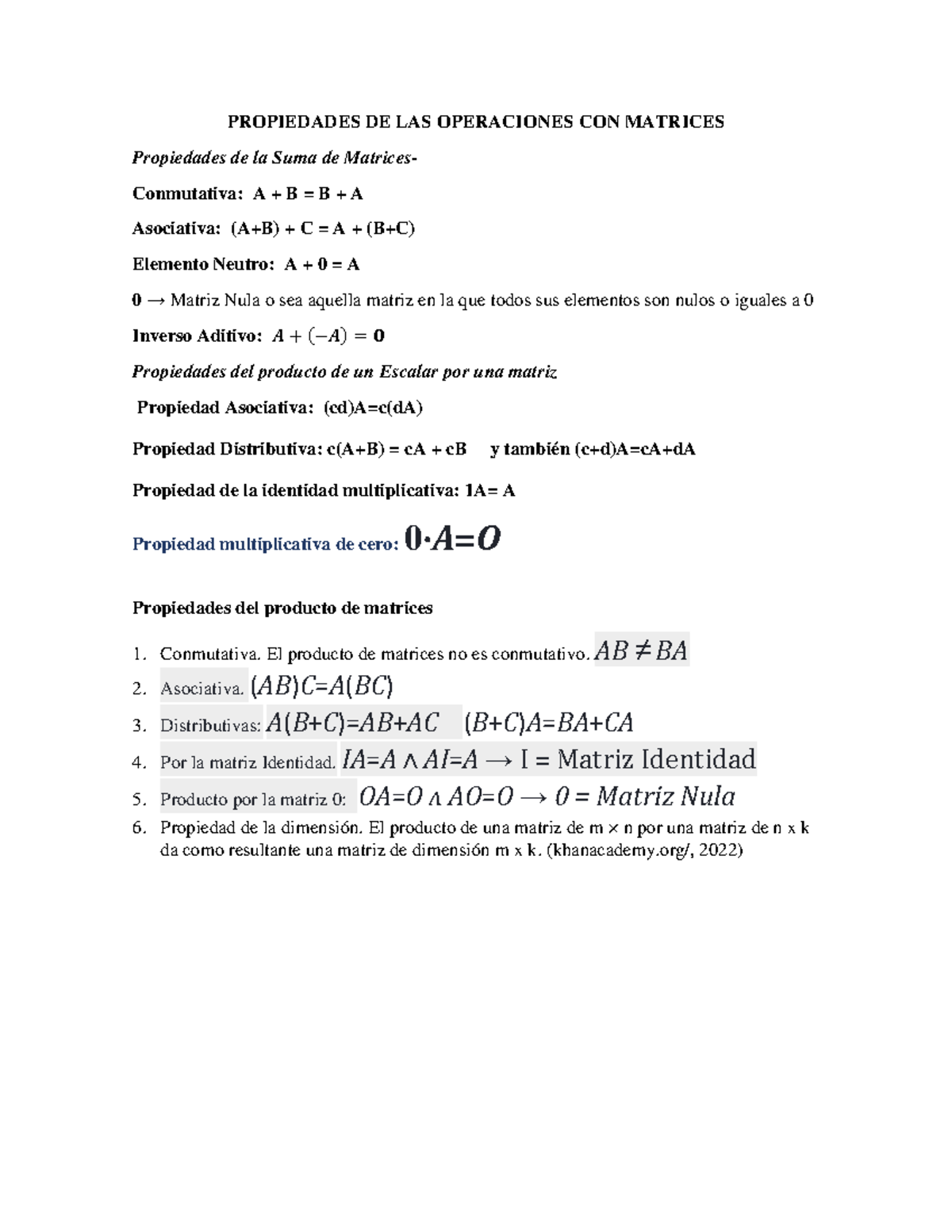 Propiedades DE LAS Operaciones CON Matrices - PROPIEDADES DE LAS OPERACIONES CON MATRICES - Studocu