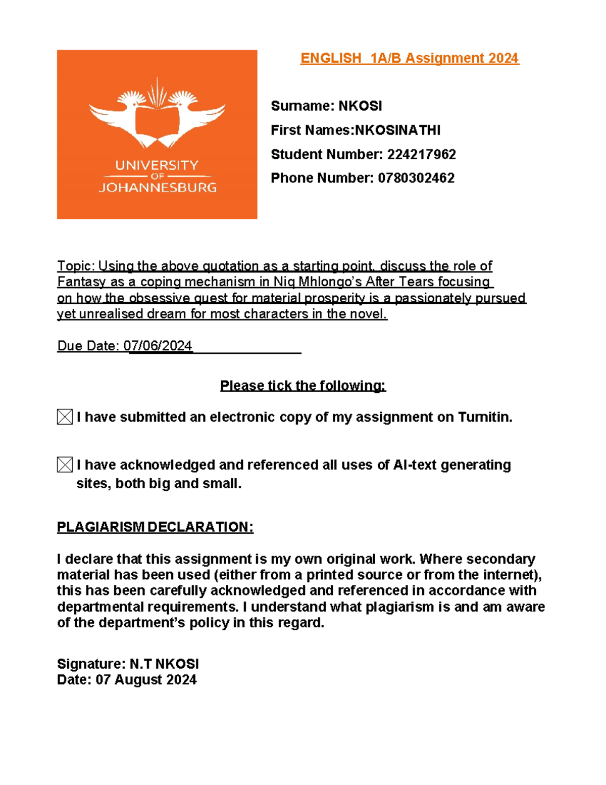 English 1A Essay 3 - ENGLISH 1A/B Assignment 2024 Surname: NKOSI First ...