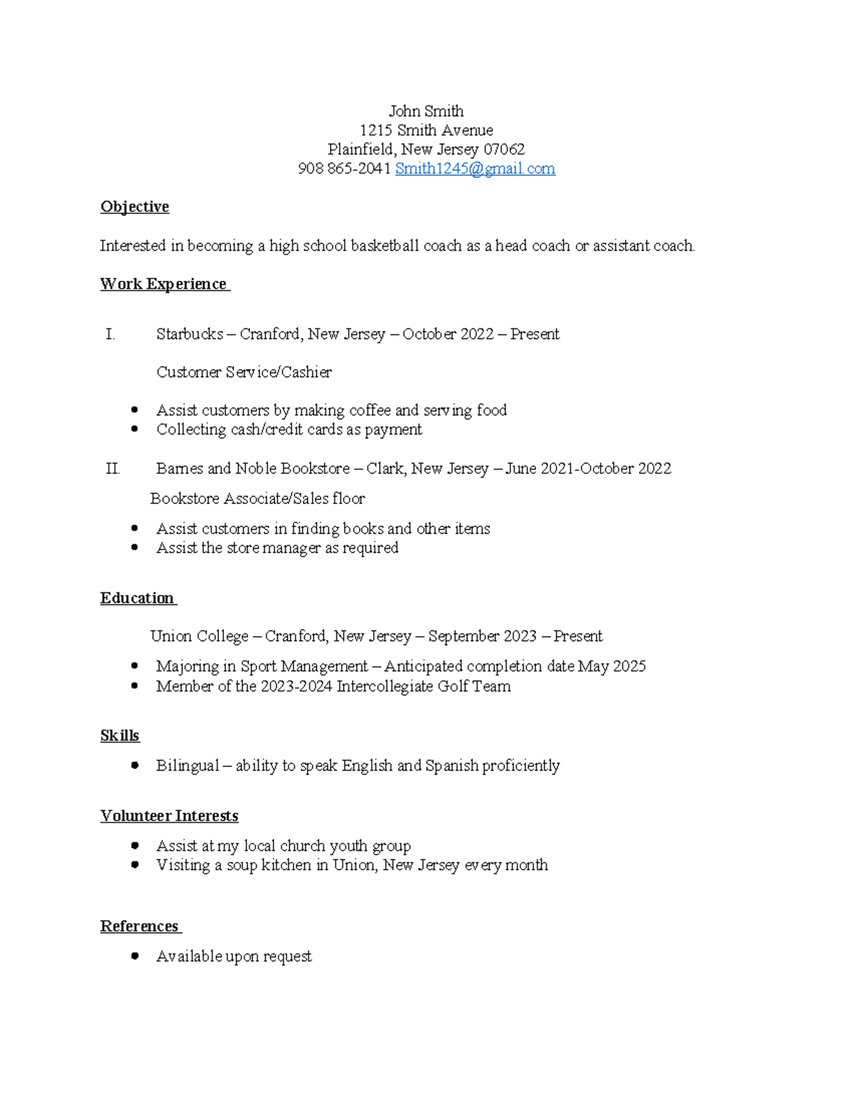 Sample Resume-1 - resume - John Smith 1215 Smith Avenue Plainfield, New ...