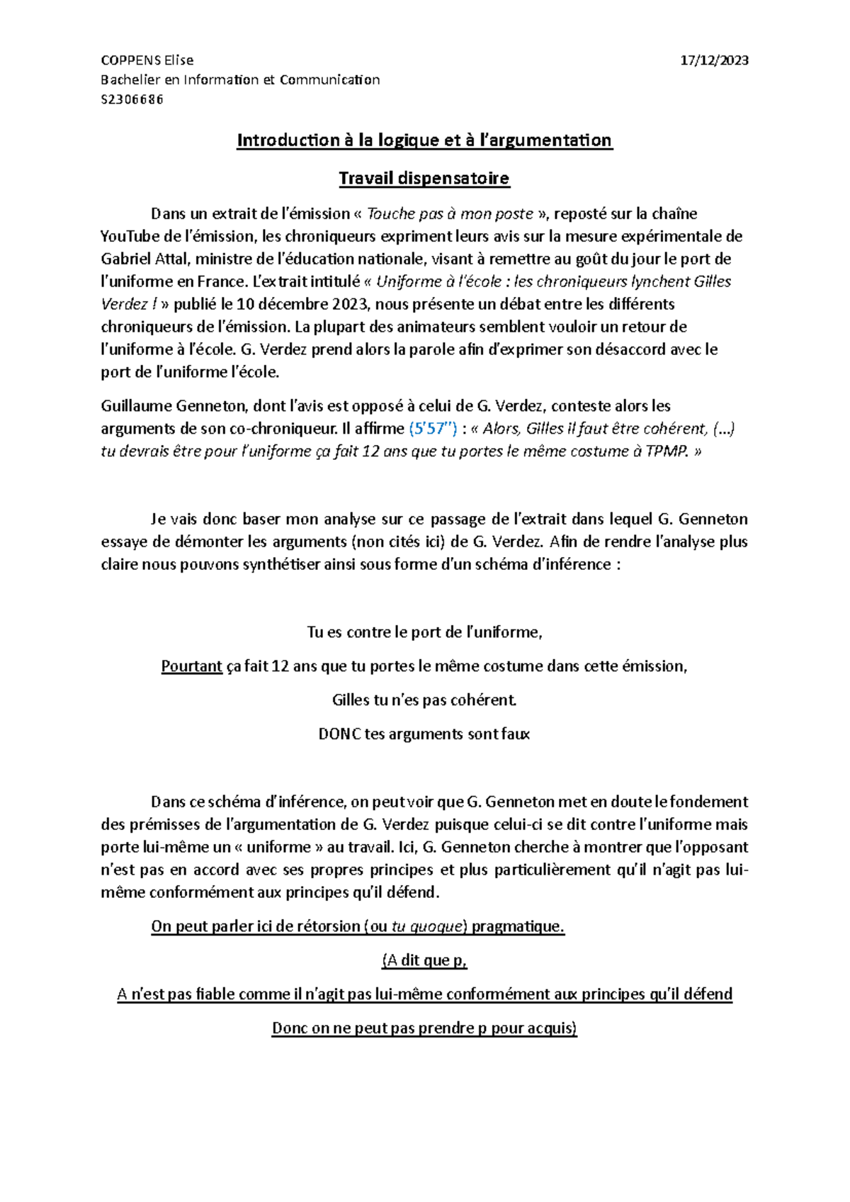 Travail dispensatoire Logique et Argumentation - COPPENS Elise 17/12/ Bachelier en Information ...