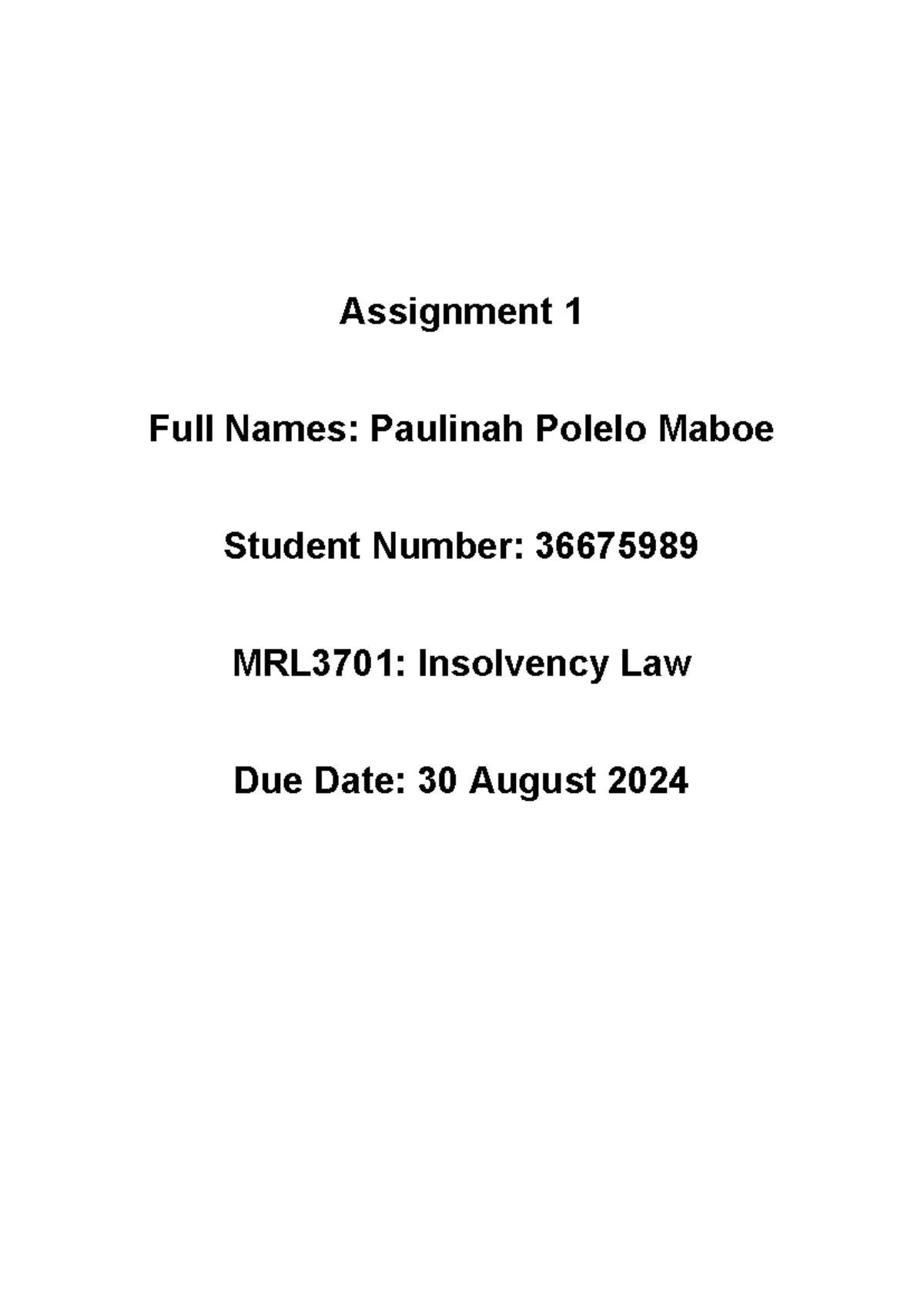 MRL 3701 - Assignment ONE - Assignment 1 Full Names: Paulinah Polelo Maboe Student Number ...