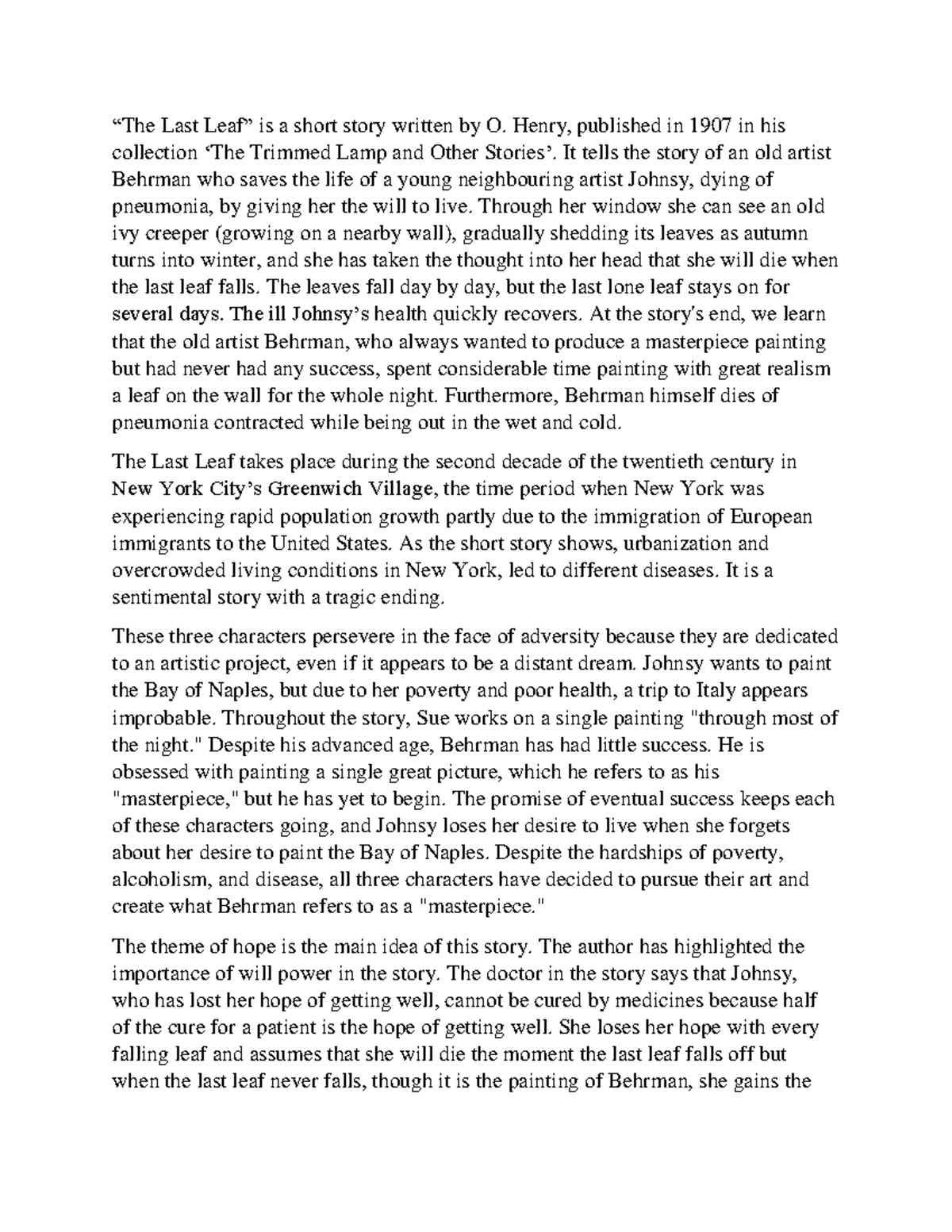 The Last Leaf Notes - summarization of the last leaf - “The Last Leaf ...