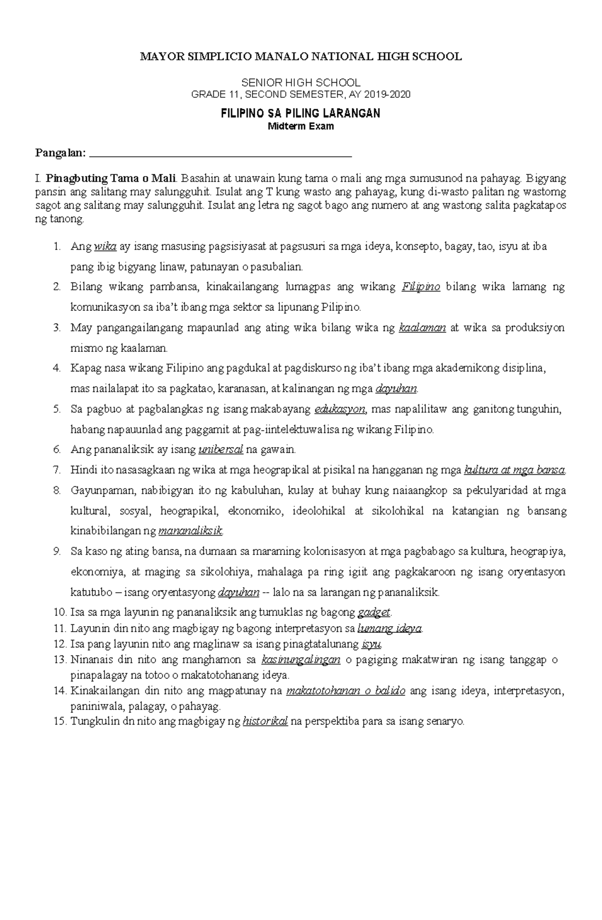 Filipino-sa-piling-larangan-midterm-exam - MAYOR SIMPLICIO MANALO ...