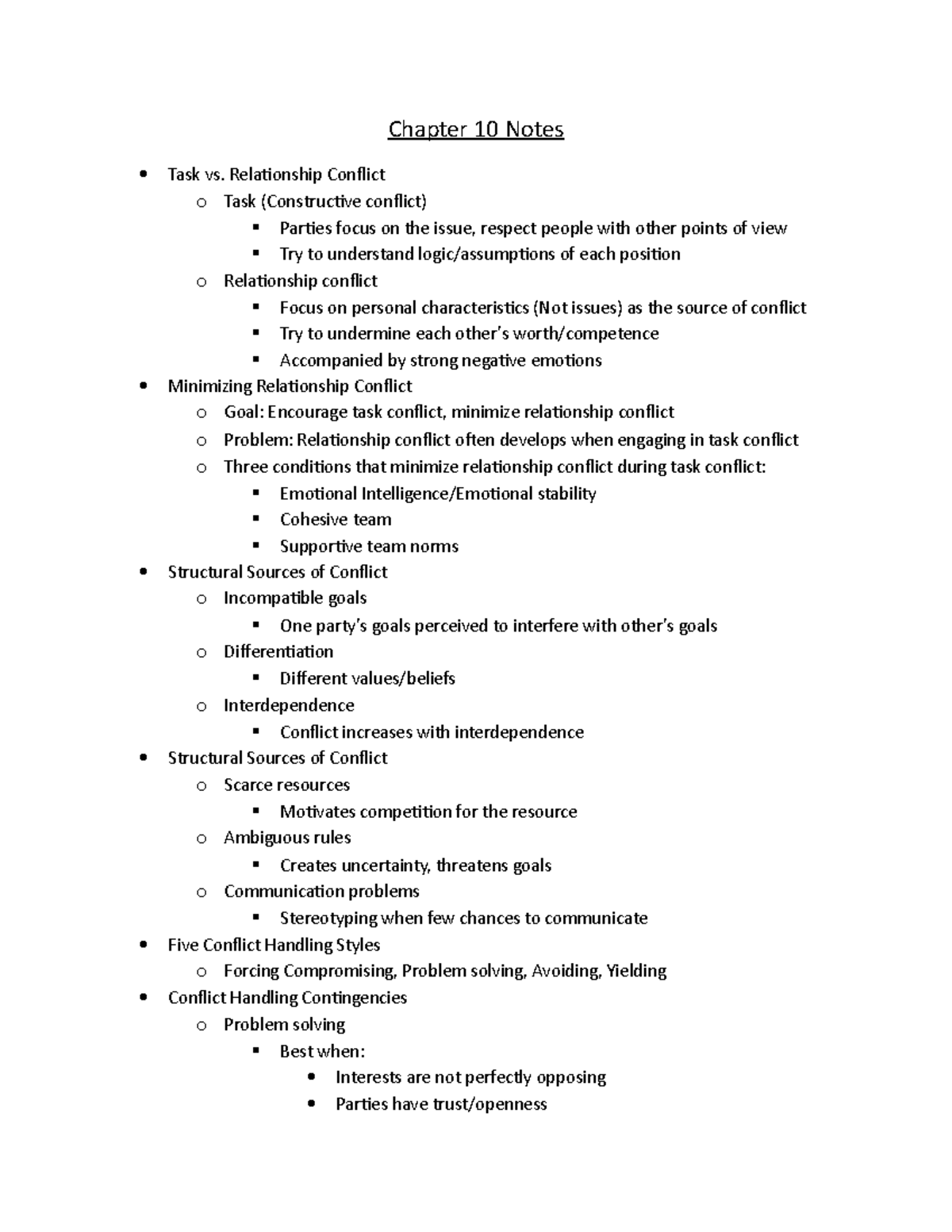 Chapter 10 Notes - Chapter 10 Notes Task vs. Relationship Conflict o ...