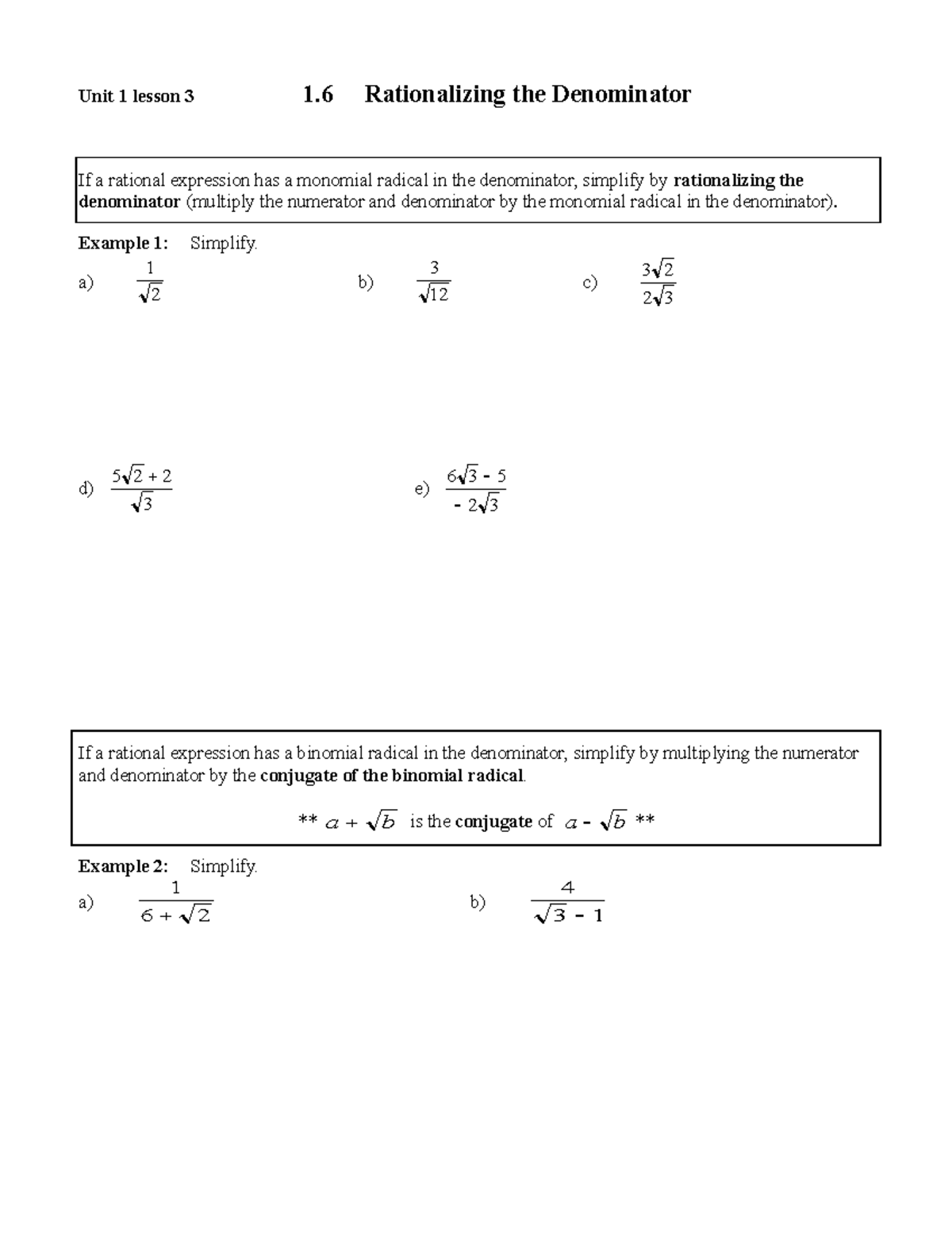 1 3 1 6 Rationalizing The Denominator Unit 1 Lesson 3 1 Rationalizing The Denominator If A