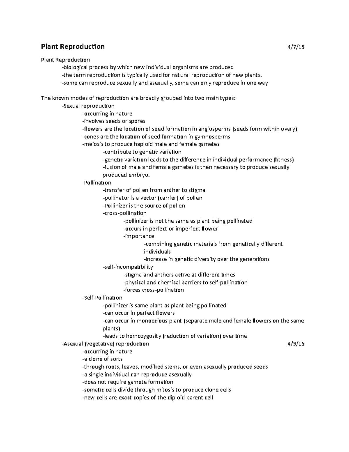 Lecture Notes, Exam 4 Review - Plant Reproduction Plant Reproduction ...