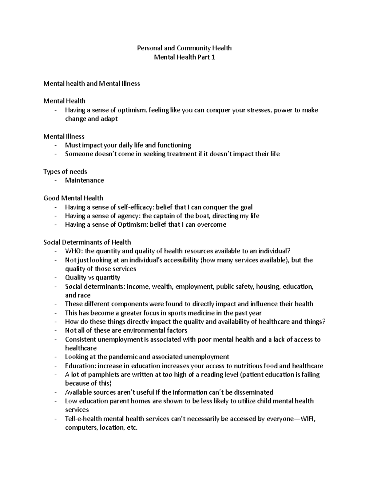 Mental Health Part 1 Notes - Personal and Community Health Mental ...