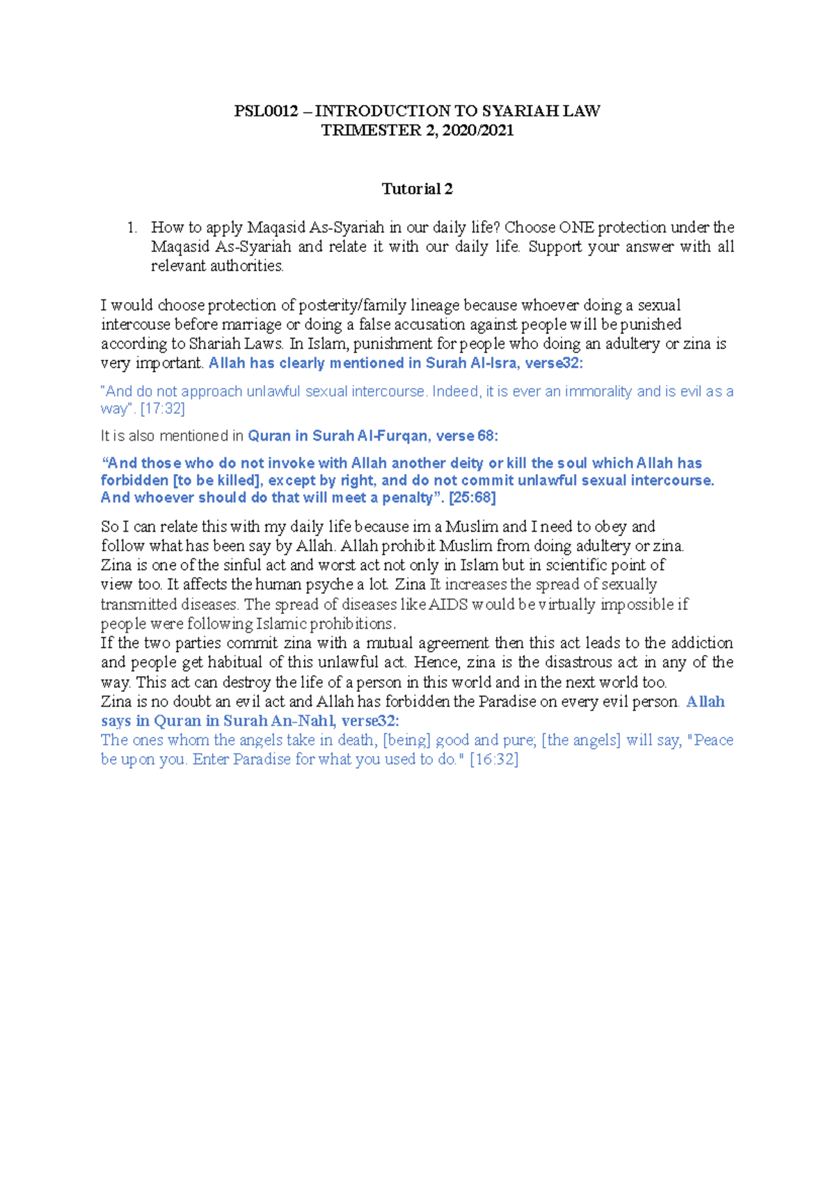 360947 Tutorial 2 - PSL0012 – INTRODUCTION TO SYARIAH LAW TRIMESTER 2 ...