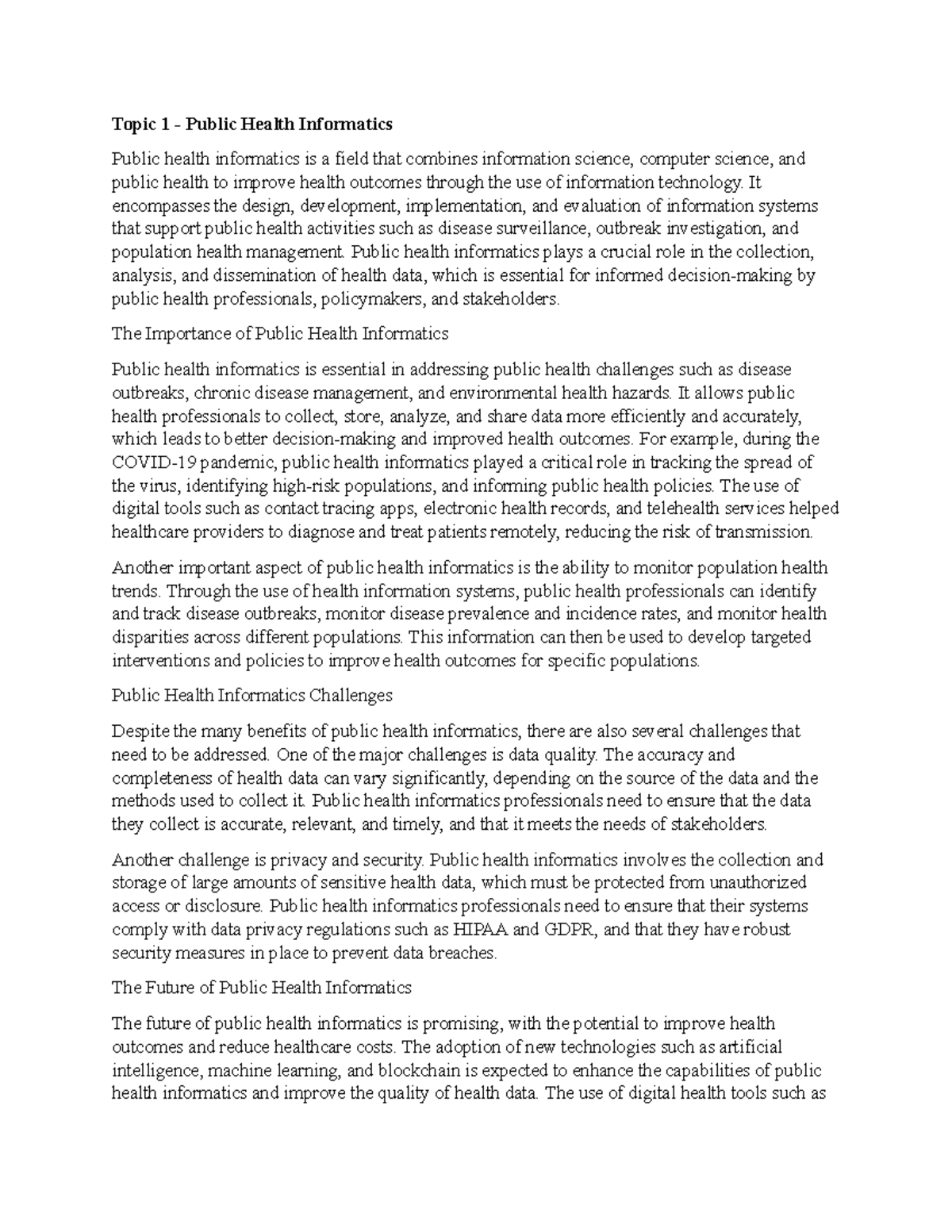 Public Health Informatics - Topic 1 - Public Health Informatics Public ...