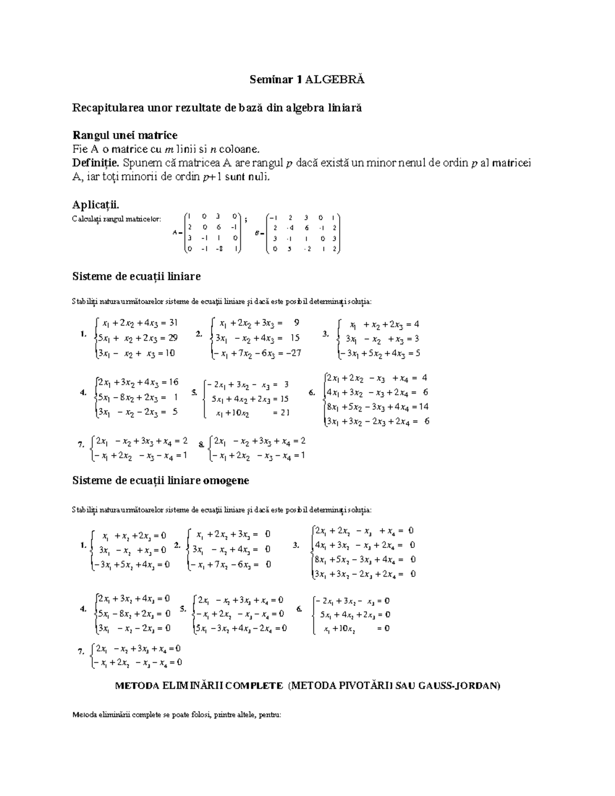Algebra Seminar 01…. - Algebră Algebra - ASE Bucuresti - Studocu