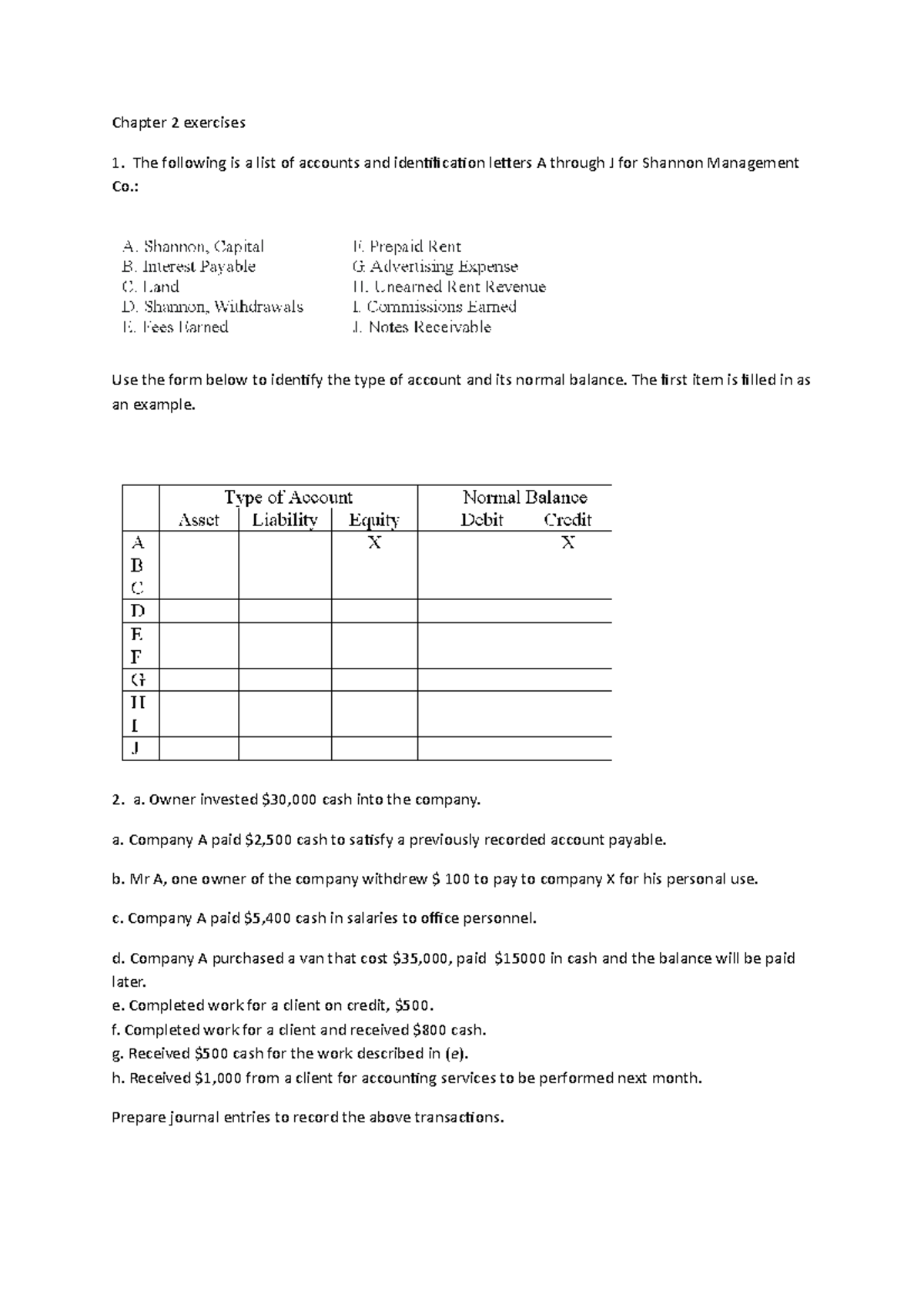 Chapter-2-exercises - nnnnnn - Chapter 2 exercises The following is a list of accounts and - Studocu