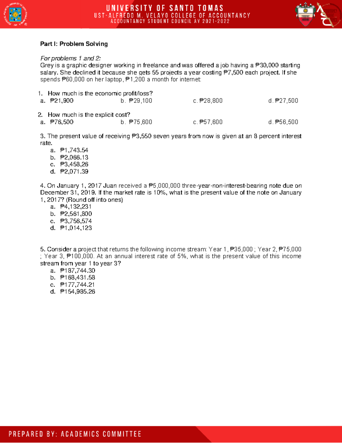 1ST- Deptals- Reviewer -MAN-ECON - Part I: Problem Solving For problems ...