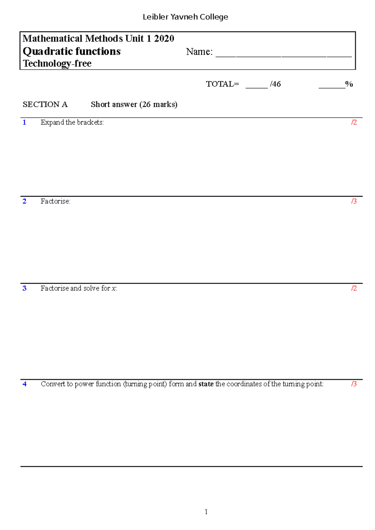 21 Quadratic Fns Test - math practise test - Leibler Yavneh College ...