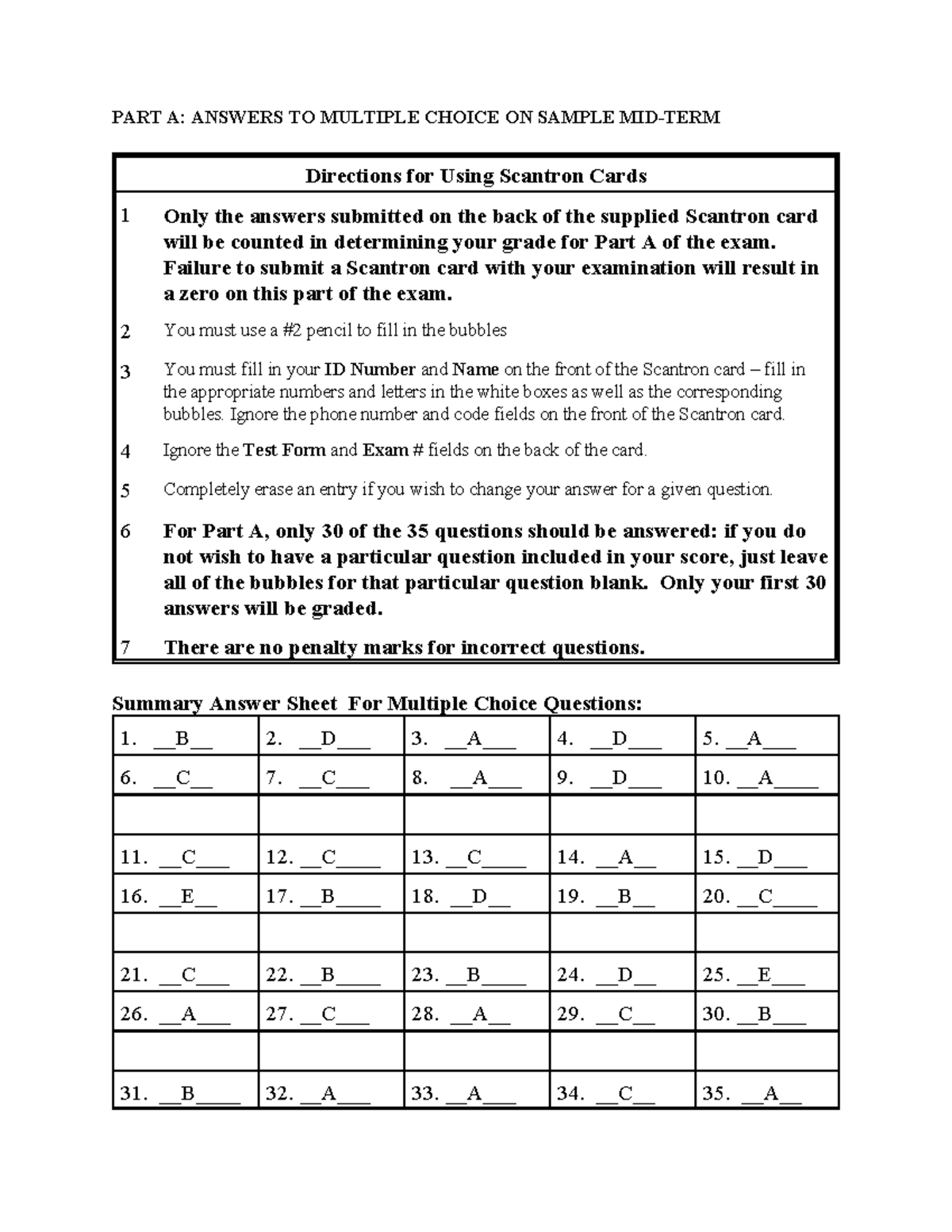Sample Exam Mid Term Answers and Solutions - PART A: ANSWERS TO ...