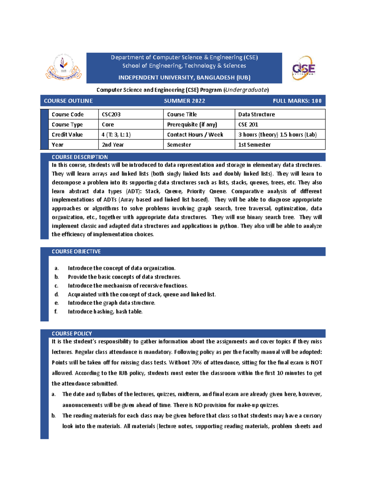 Course Outline - asss - Department of Computer Science & Engineering (CSE) School of - Studocu